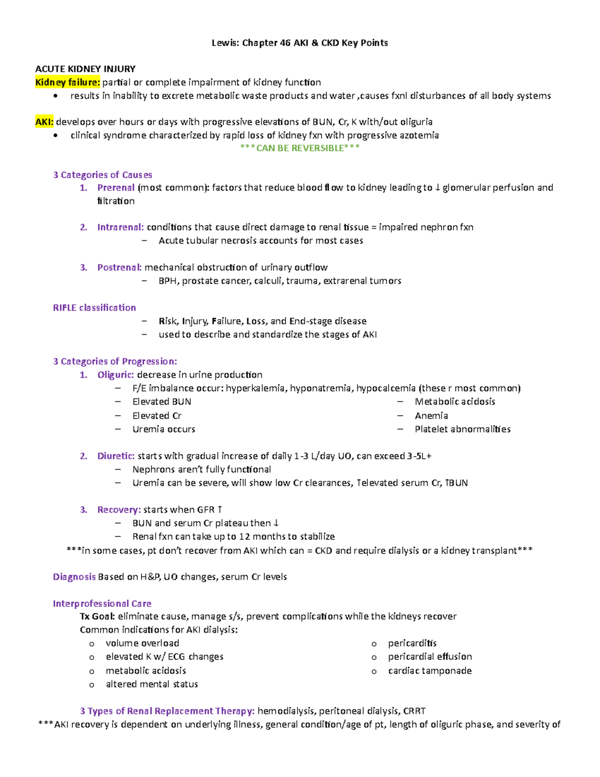 Module 2 Key Points - notes - Lewis: Chapter 46 AKI & CKD Key Points ...