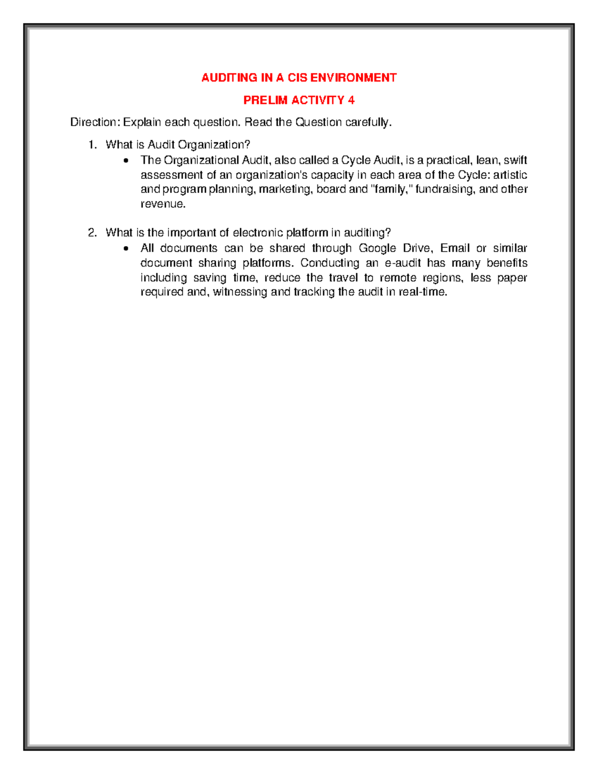 Auditing IN A CIS Environment - AUDITING IN A CIS ENVIRONMENT PRELIM ACTIVITY 4 Direction ...