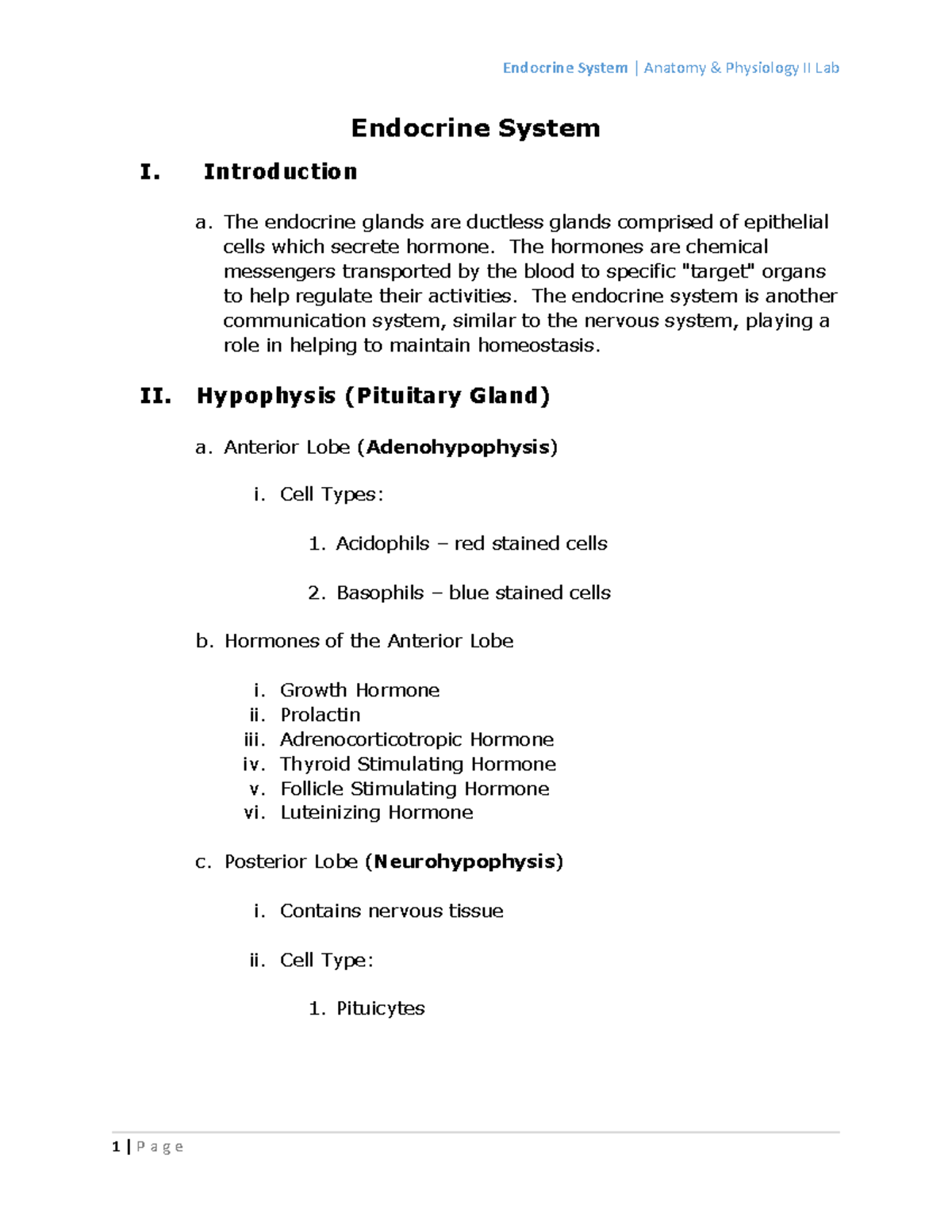Endocrine Lab Outline - Endocrine System I. Introduction a. The ...