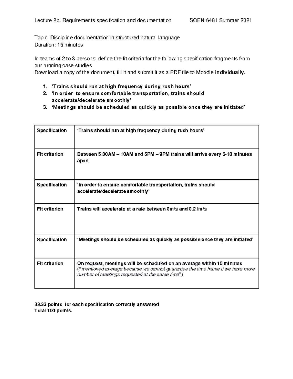 Fit criteria exercise - Lecture 2b. Requirements specification and ...