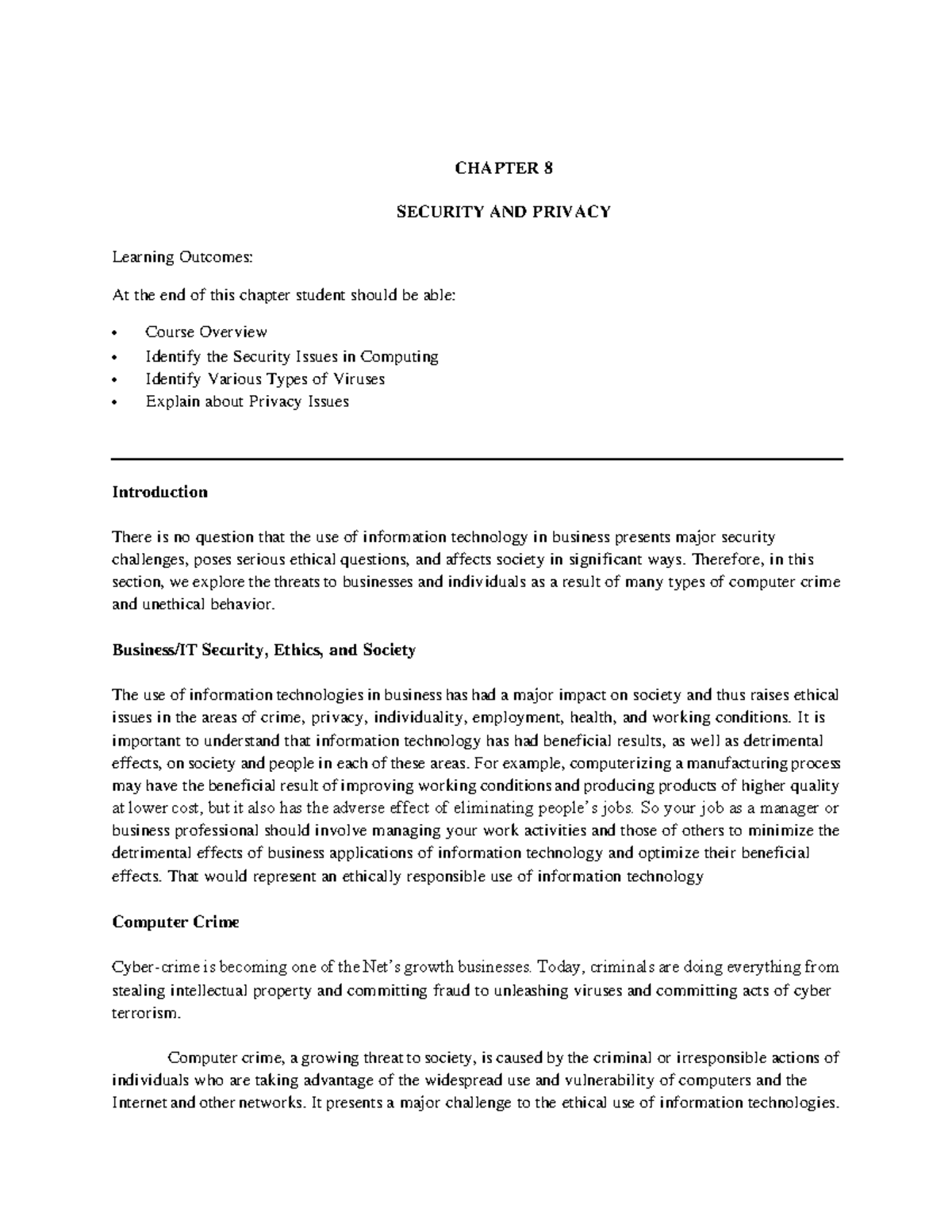 Chapter 8 - Your description is too short. - CHAPTER 8 SECURITY AND PRIVACY Learning Outcomes ...