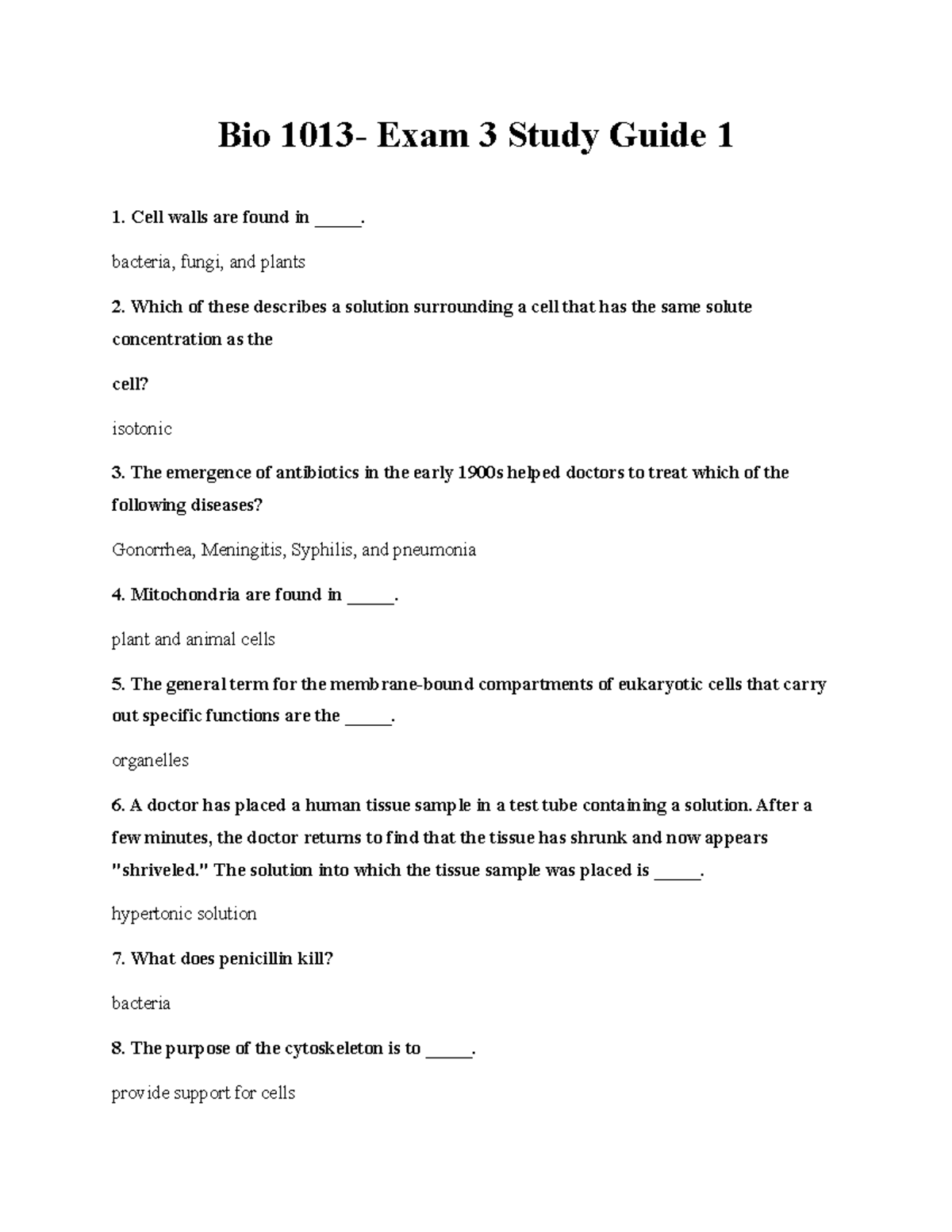 Bio 1013- Exam 3 Study Guide 1 - Bio 1013- Exam 3 Study Guide 1 Cell ...