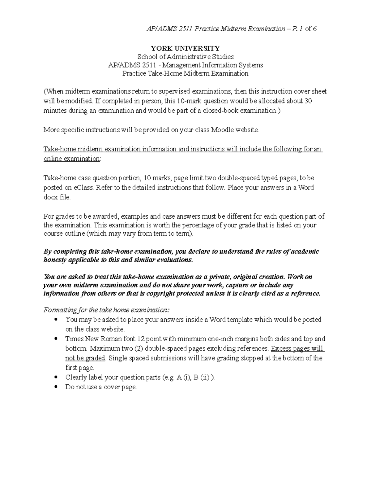AMDS 2511 Practice Midterm 2020 - YORK UNIVERSITY School of ... AMDS 2511 Practice Midterm 2020 - YORK UNIVERSITY School of ...
