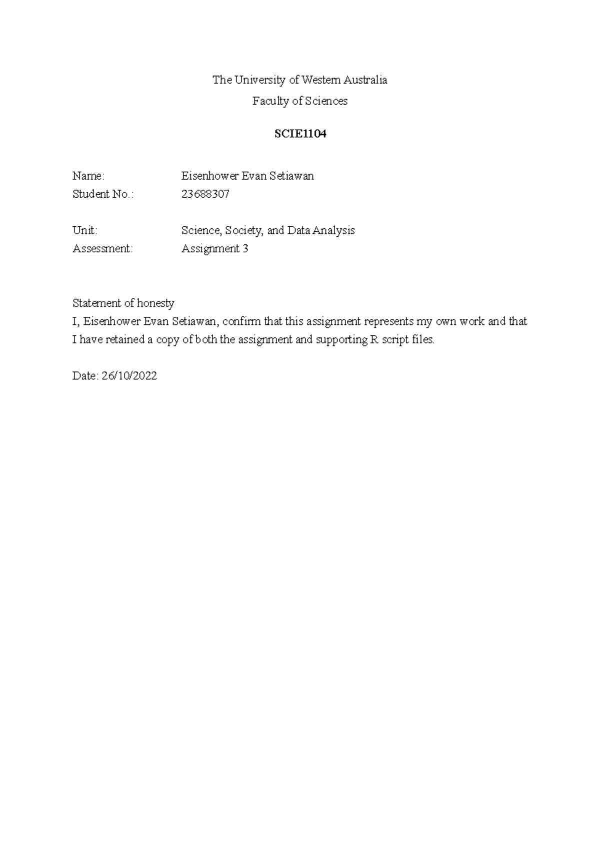 SCIE1104 Assignment Three - The University of Western Australia Faculty ...