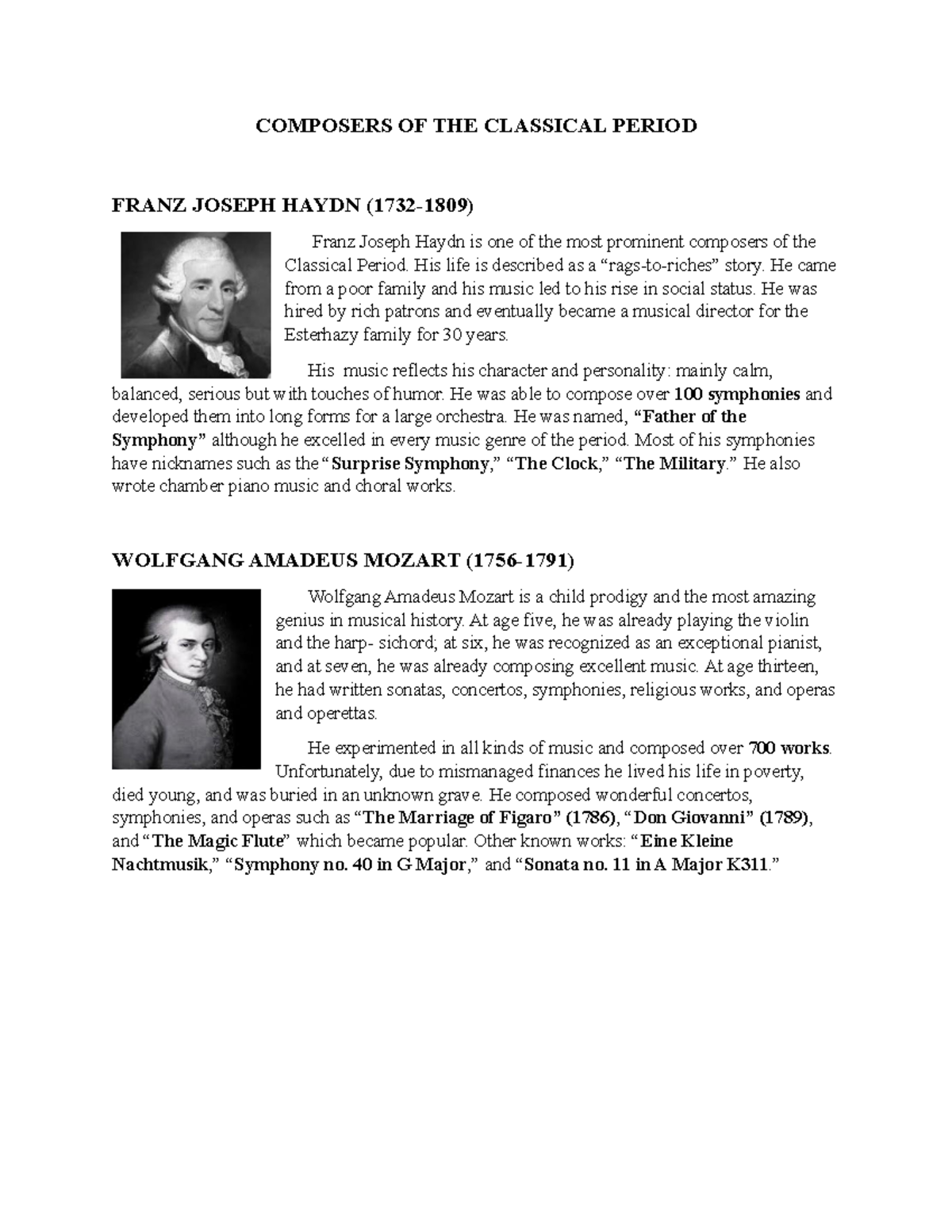 Classical period - COMPOSERS OF THE CLASSICAL PERIOD FRANZ JOSEPH HAYDN ...