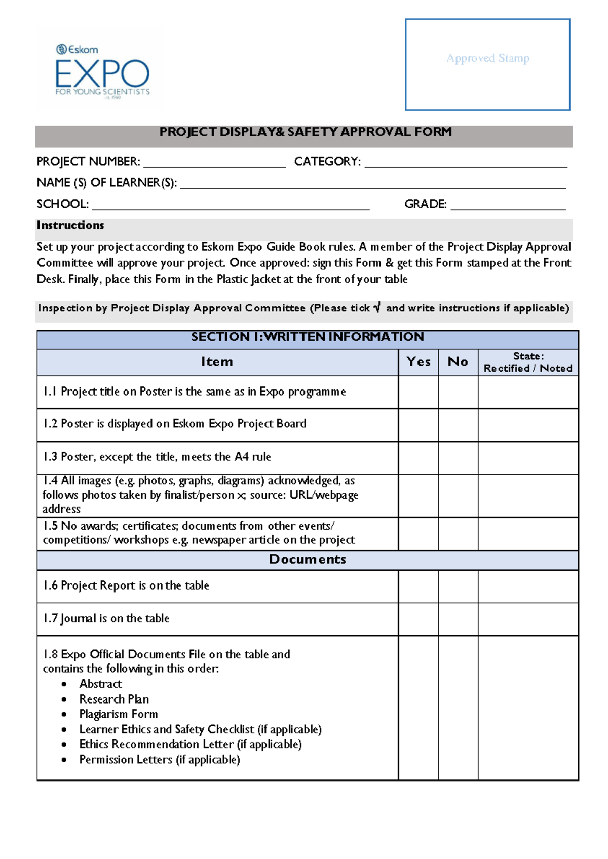 EXPO Project Display AND Safety Approval FORM Revised 13 - PROJECT ...
