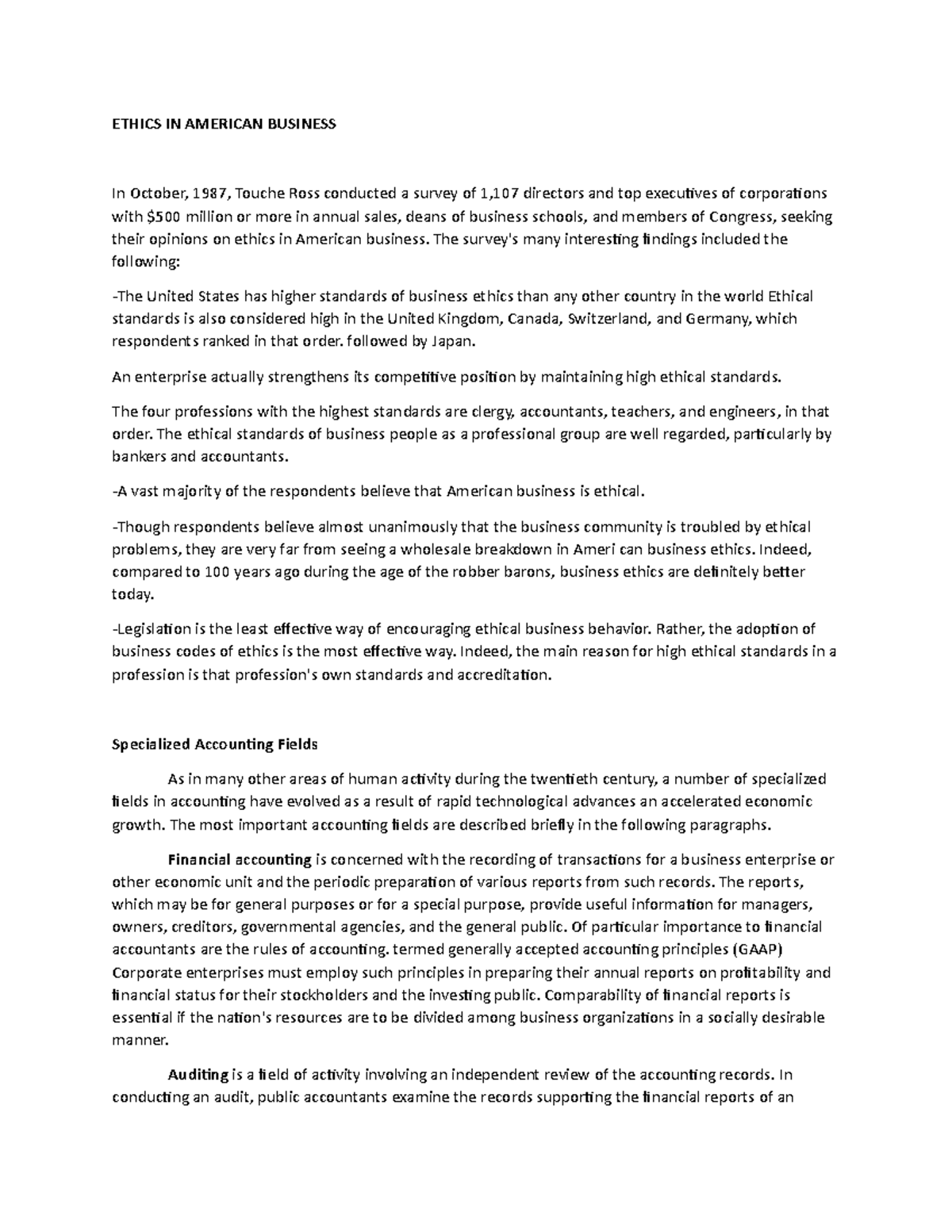 Ethics IN American Business - ETHICS IN AMERICAN BUSINESS In October ...
