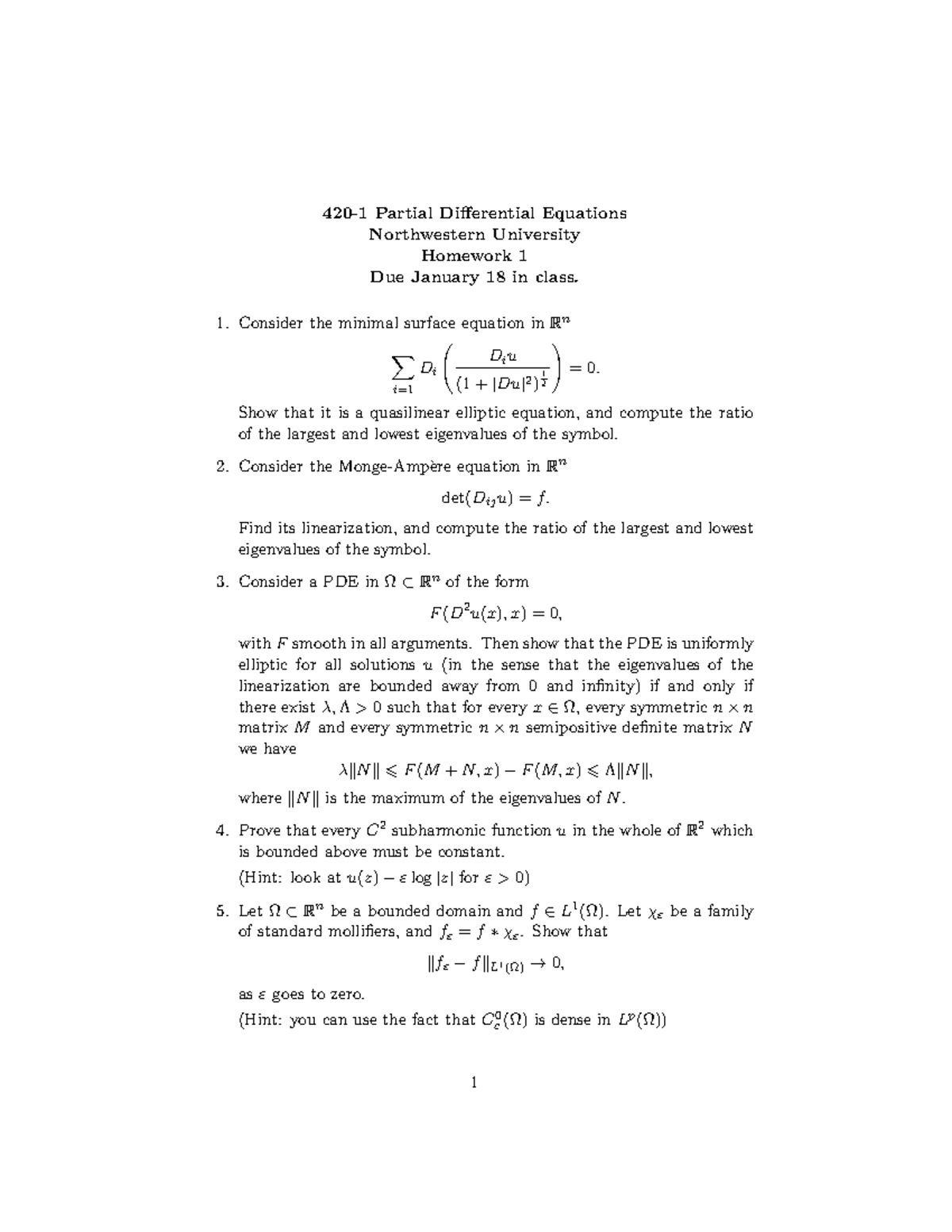 420-1 Partial Differential Equations Homework 1 - 420-1 Partial ...