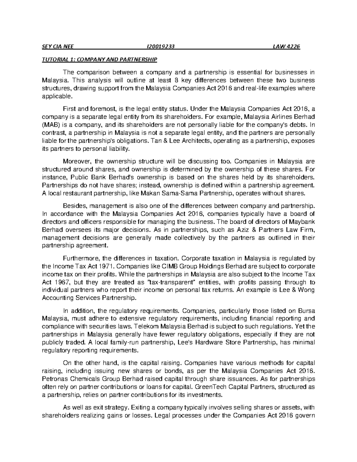 Tutorial 1 Company AND Partnership - SEY CIA NEE I20019233 LAW 4226 ...