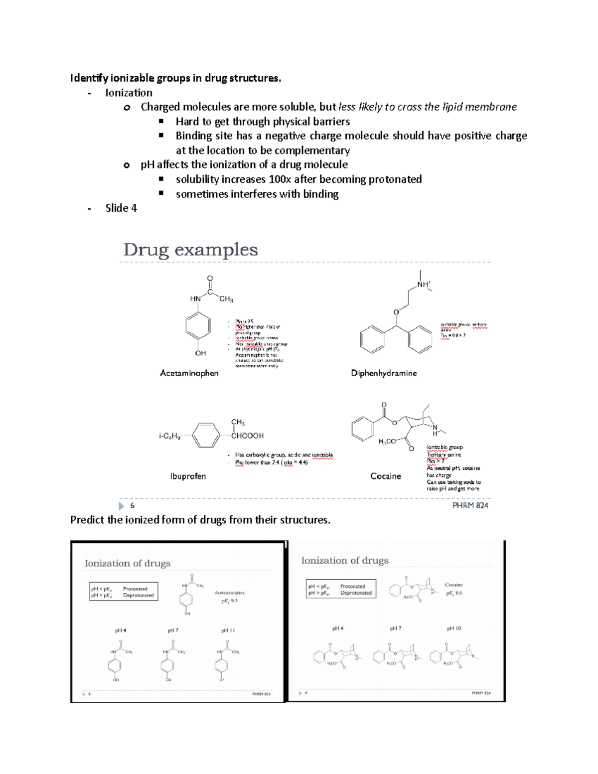 E1LO2 - Lecture notes 1-10 - Idenify ionizable groups in drug ...