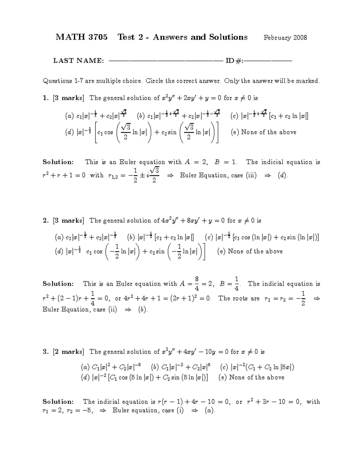 Test February 2008, questions and answers - MATH 3705 Test 2 - Answers ...