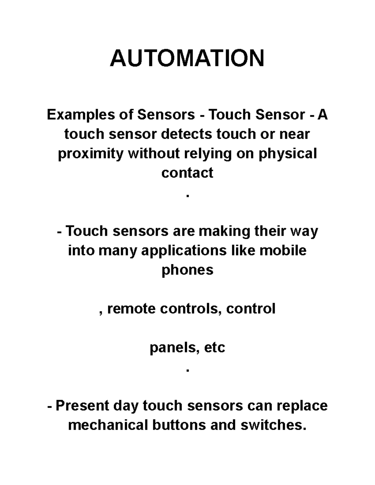 Automation - AUTOMATION Examples of Sensors - Touch Sensor - A touch ...