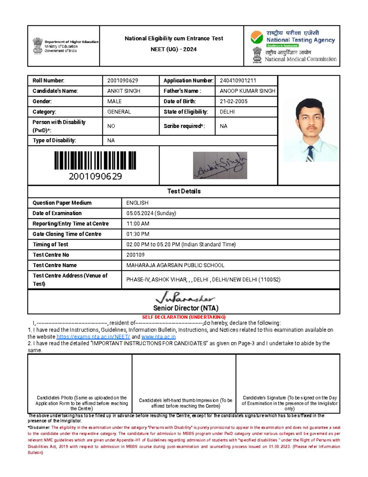 Neet - Neet - Roll Number: 2001090629 Application Number: 240410901211 ...