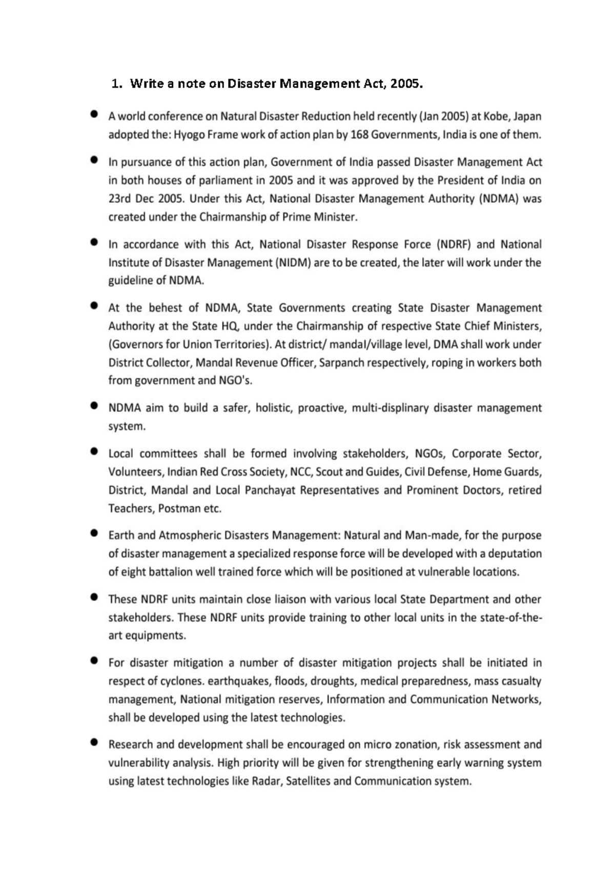 DM Module 1 qp - great - 1. Write a note on Disaster Management Act ...