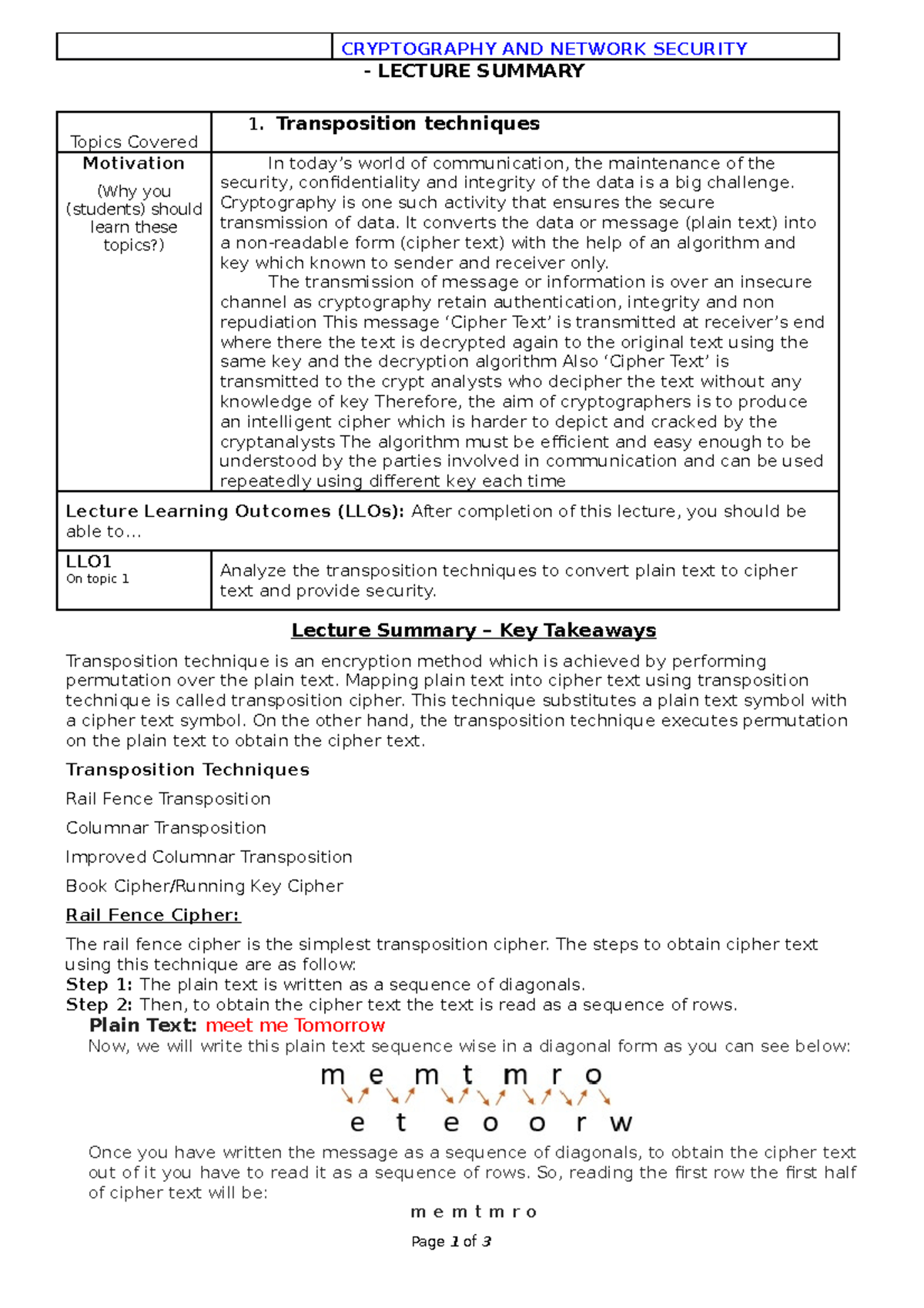 Transposition techniques - CRYPTOGRAPHY AND NETWORK SECURITY - LECTURE SUMMARY Topics Covered 1 ...
