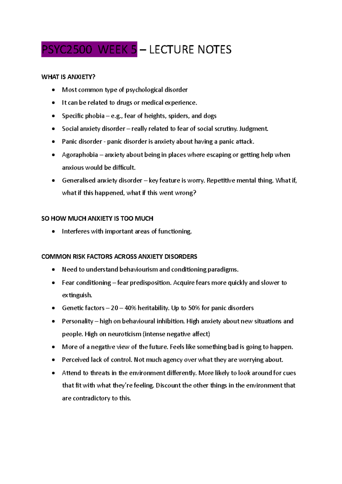 PSYC2500 - Lecture 5 - PSYC2500 WEEK 5 – LECTURE NOTES WHAT IS ANXIETY ...