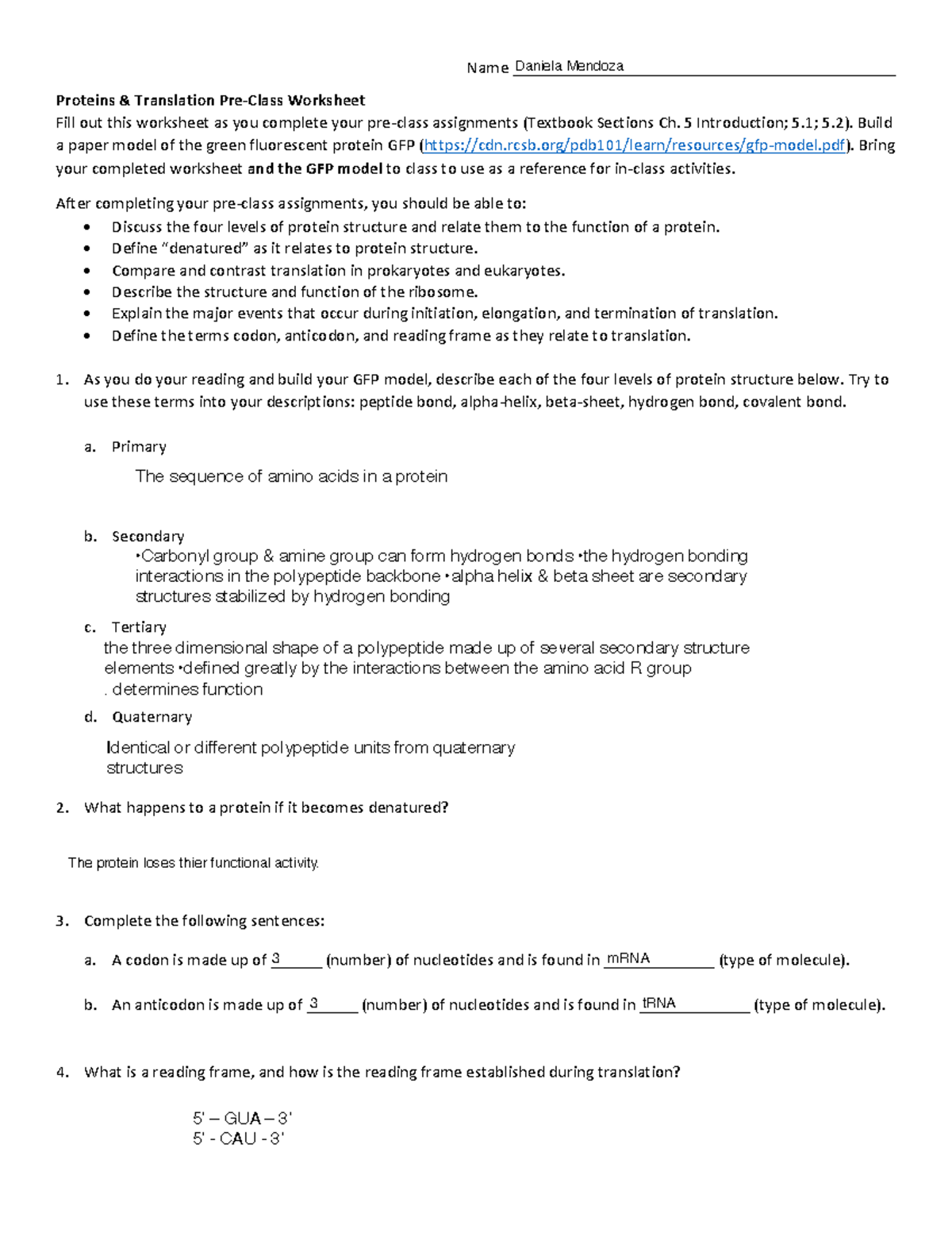 Week 6a Pre-Class Reading Guide - Proteins & Translation - Name - Studocu