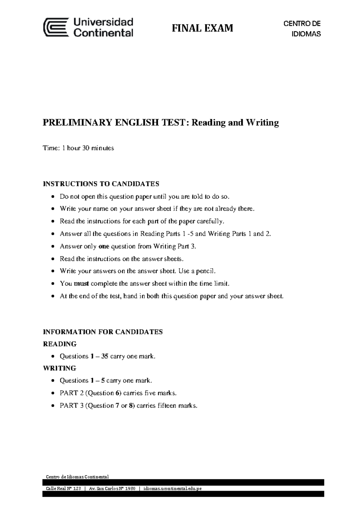3.6. Final EXAM - Reading and Writing - FINAL EXAM IDIOMAS Centro de ...