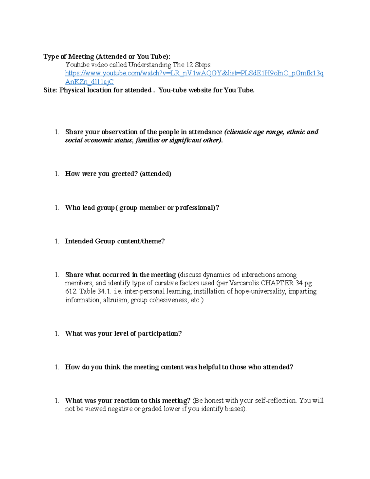 AA - alcohol anonymous sheet - Type of Meeting (Attended or You Tube ...