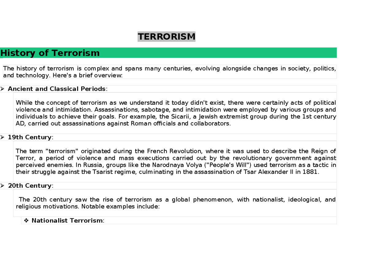 Terrorism and counter terrorism - TERRORISM History of Terrorism The ...