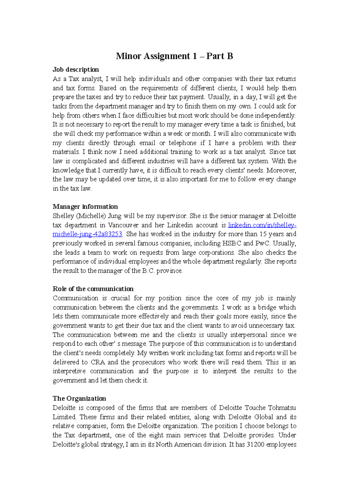 Minor assignment 1 - Minor Assignment 1 – Part B Job description As a Tax analyst, I will help ...