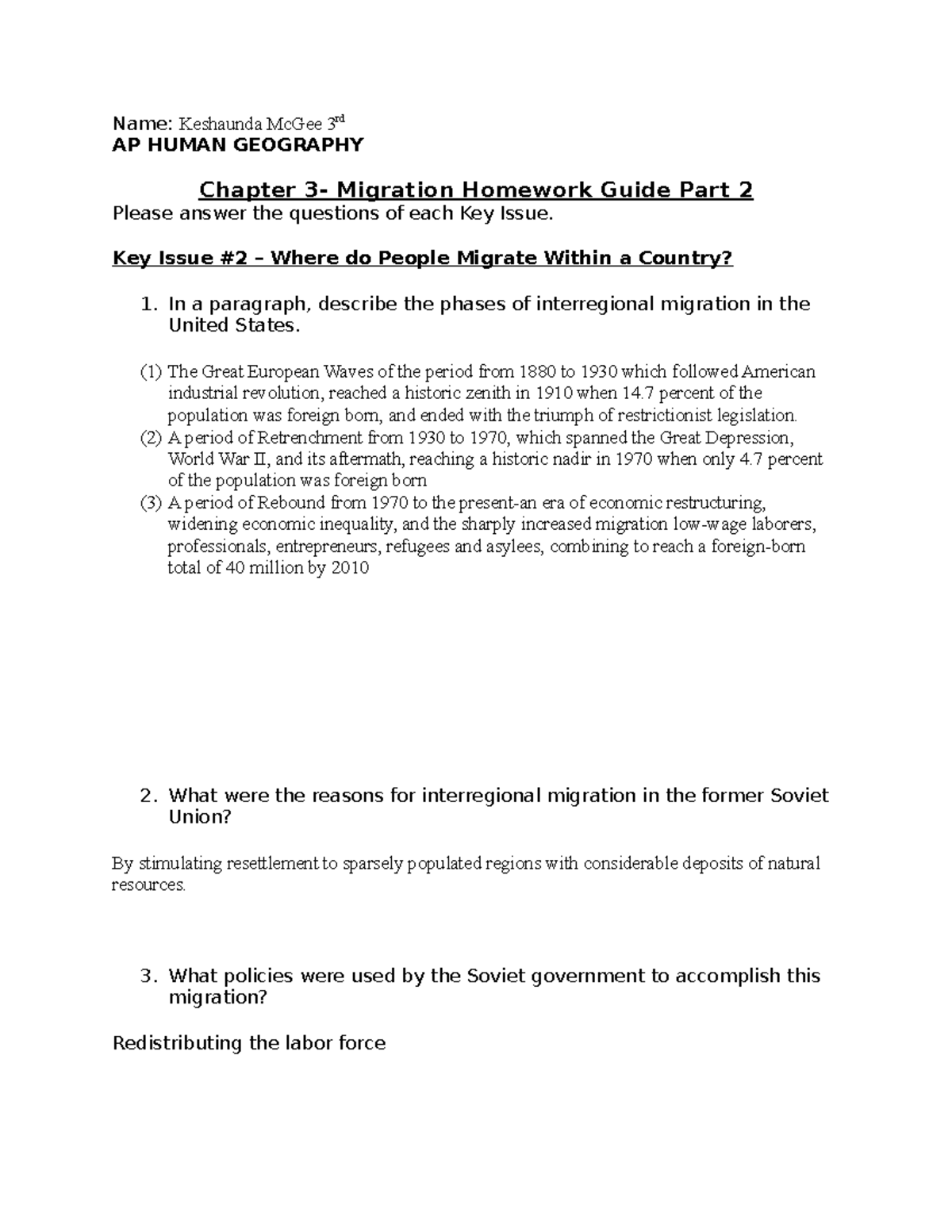 Chapter 3- Migration Homework Guide Part 2 - Name: Keshaunda McGee 3rd ...