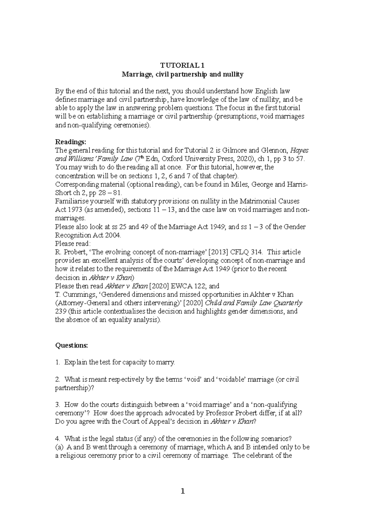 Family Law Tutorials Semester A 202223 - TUTORIAL 1 Marriage, civil ...