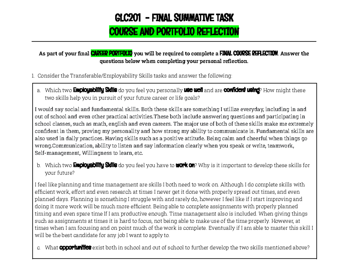 Porfolio Activity Final Course Reflection - GLC201 - FINAL SUMMATIVE TASK COURSE AND PORTFOLIO ...