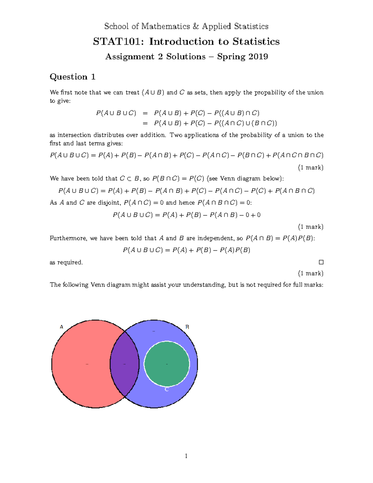 STAT101 Assign 2 Solns 2019 - School of Mathematics & Applied ...
