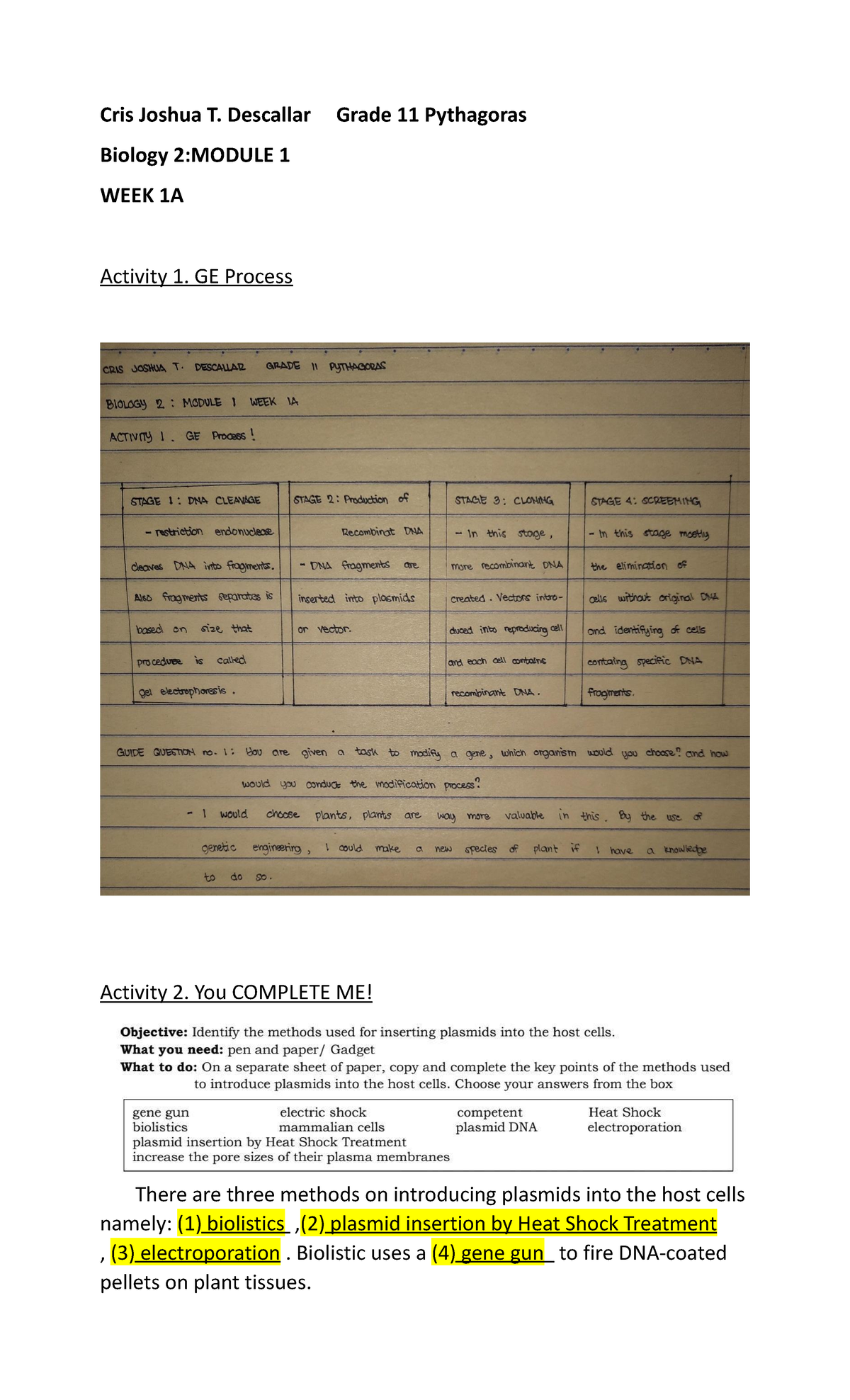 Biology 2- Descallar- Module 1(WEEK 1) - Cris Joshua T. Descallar Grade ...