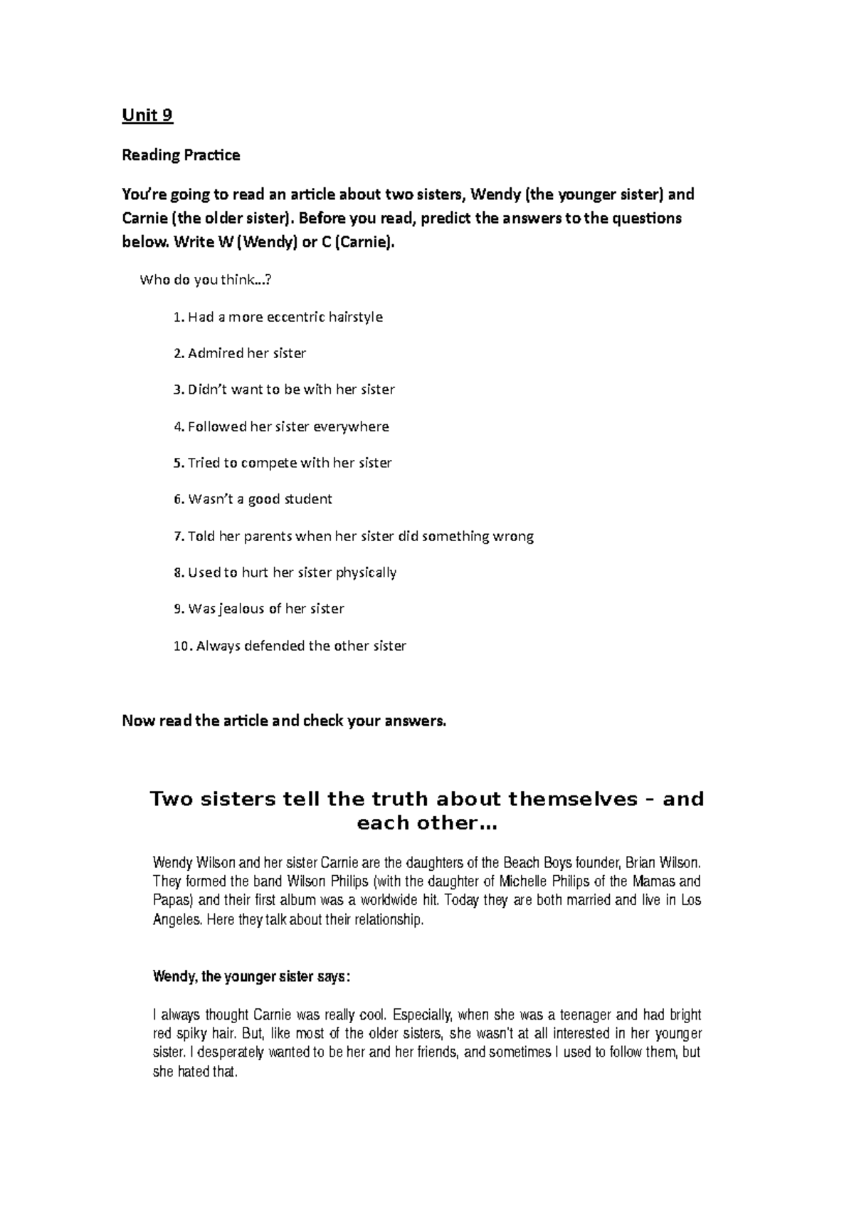 Reading Practice 9 - Apuntes apuntes - Unit 9 Reading Practice You’re ...