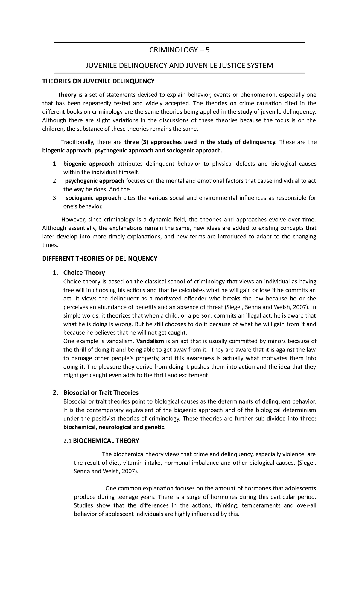 Module 2 CRIM 5 - Notes - CRIMINOLOGY 5 JUVENILE DELINQUENCY AND ...