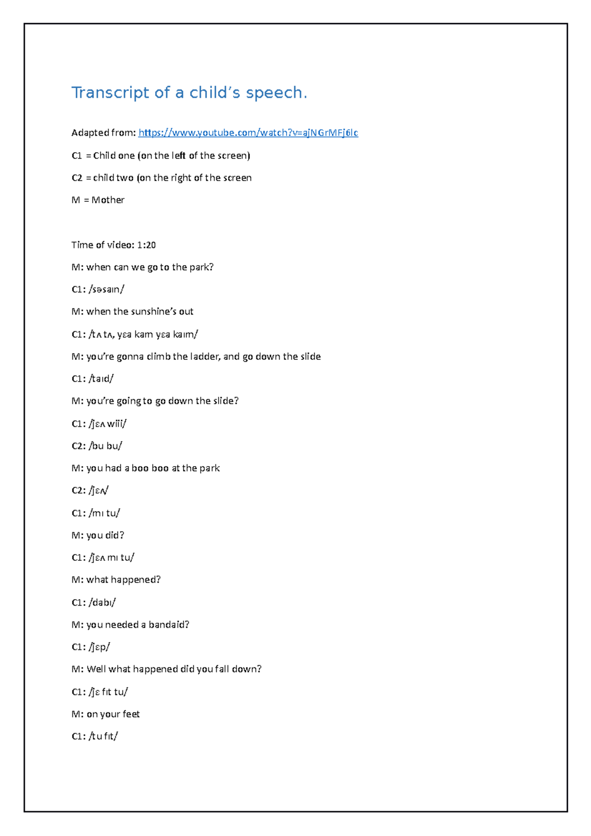 2 kids in the park - CLA TEXT - Transcript of a child’s speech. Adapted ...