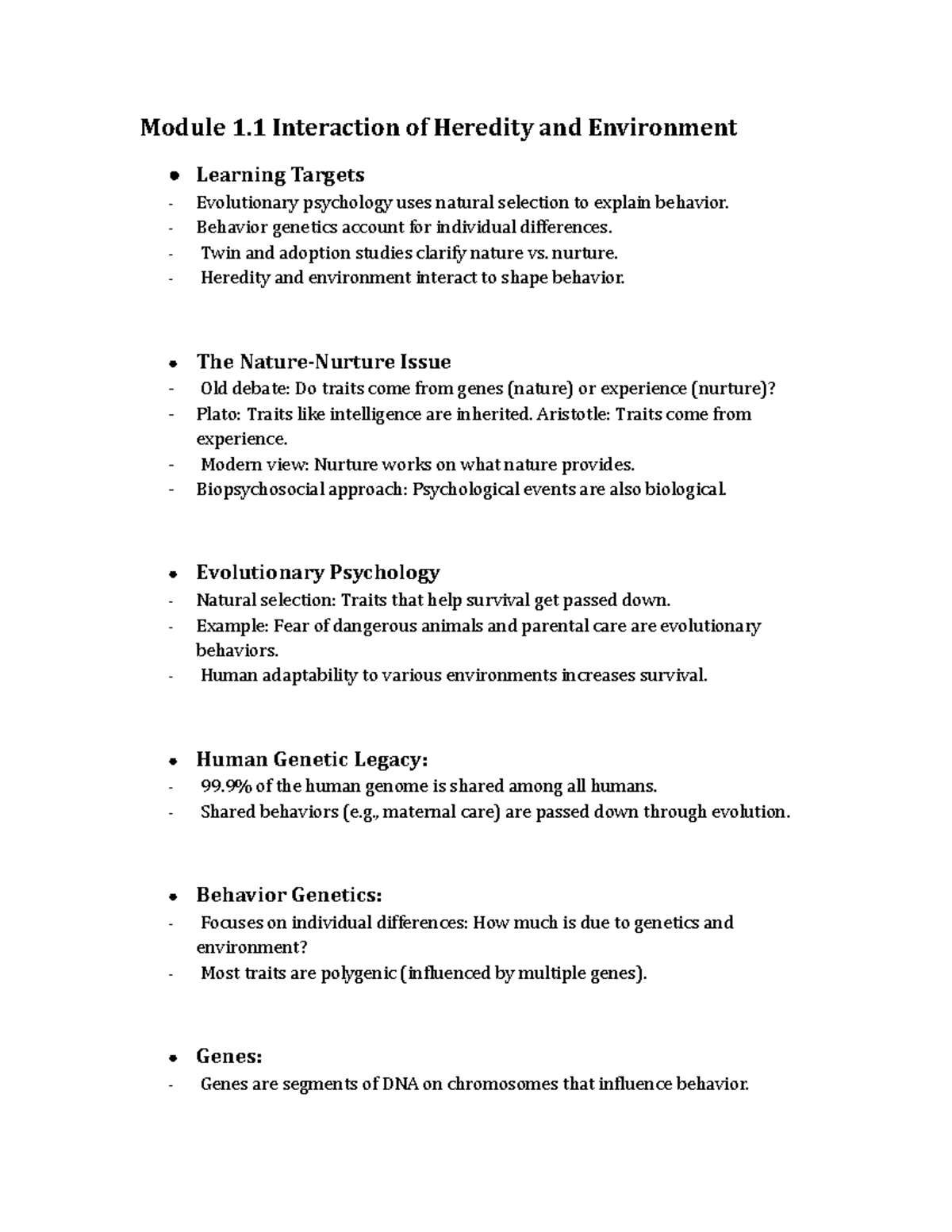Psychology Module Notes - Module 1 Interaction of Heredity and ...