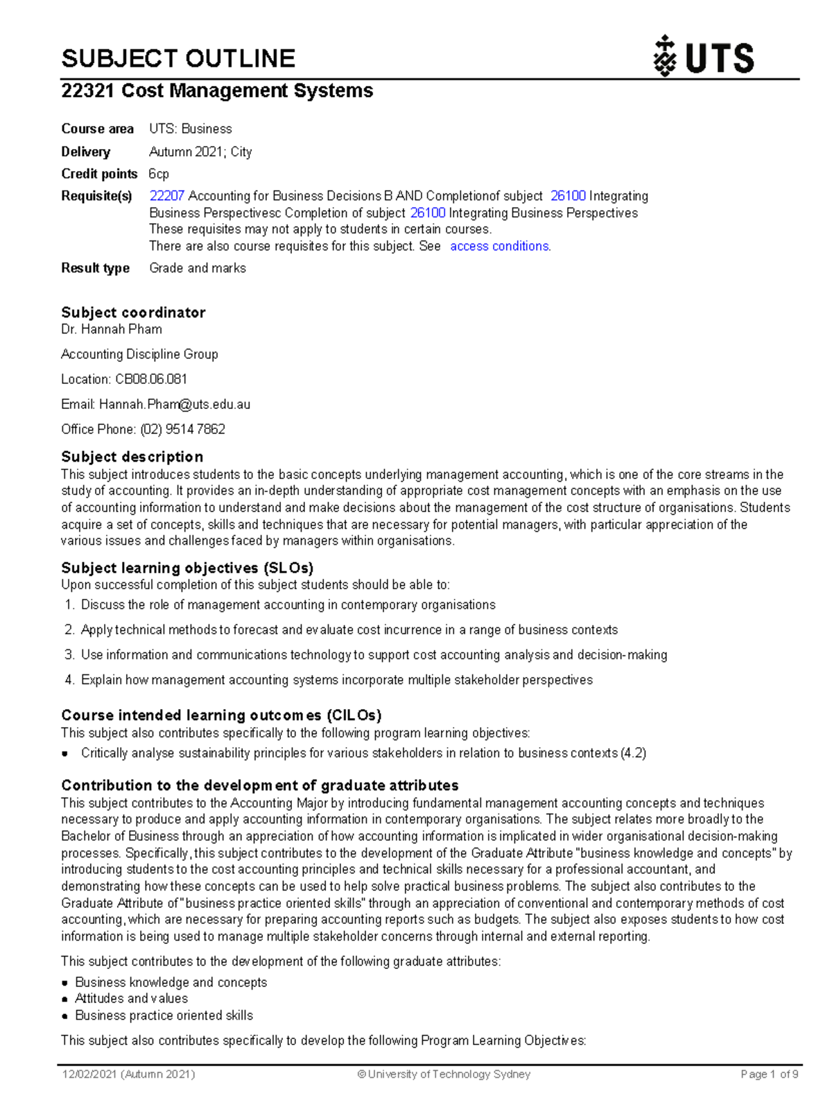 Cost Management Systems - SUBJECT OUTLINE 22321 Cost Management Systems ...