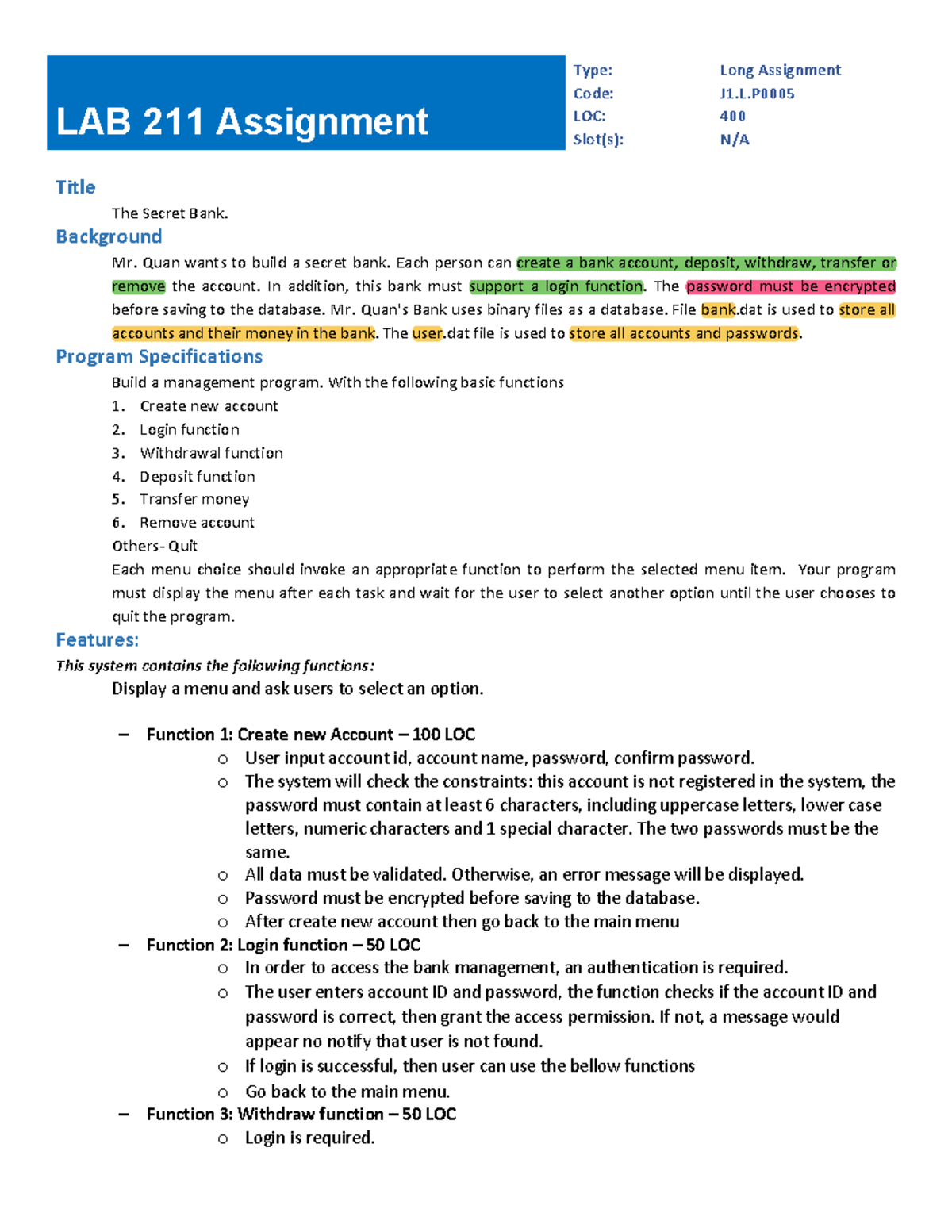 [Java Lab] J1.L.P0005. The Secret Bank-400 - LAB 211 Assignment Type: Long Assignment Code: J1.L ...
