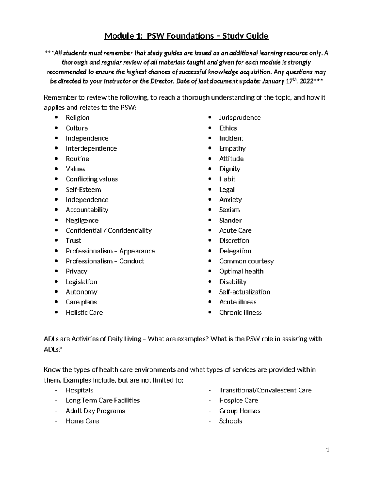 Module 1 - PSW Foundations - A thorough and regular review of all ... Module 1 - PSW Foundations - A thorough and regular review of all ...