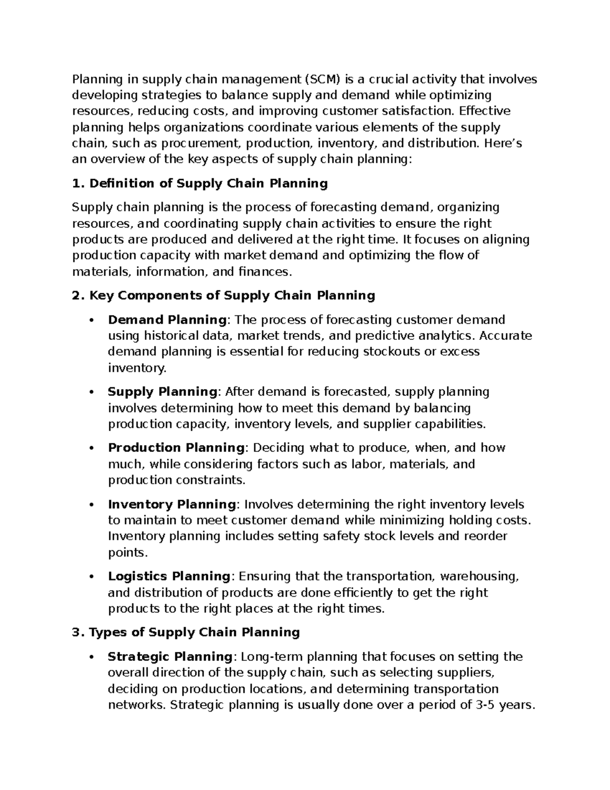 Planning - Brief Lecture notes. - Planning in supply chain management ...