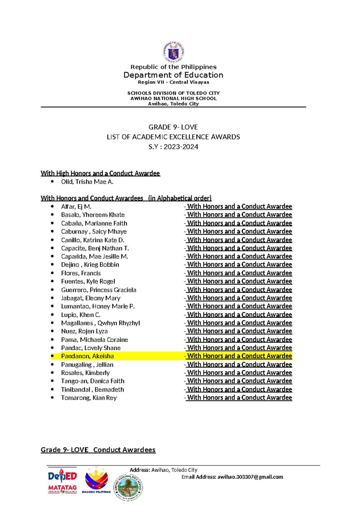 LIST-OF- Honors Template - Republic of the Philippines Department of ...