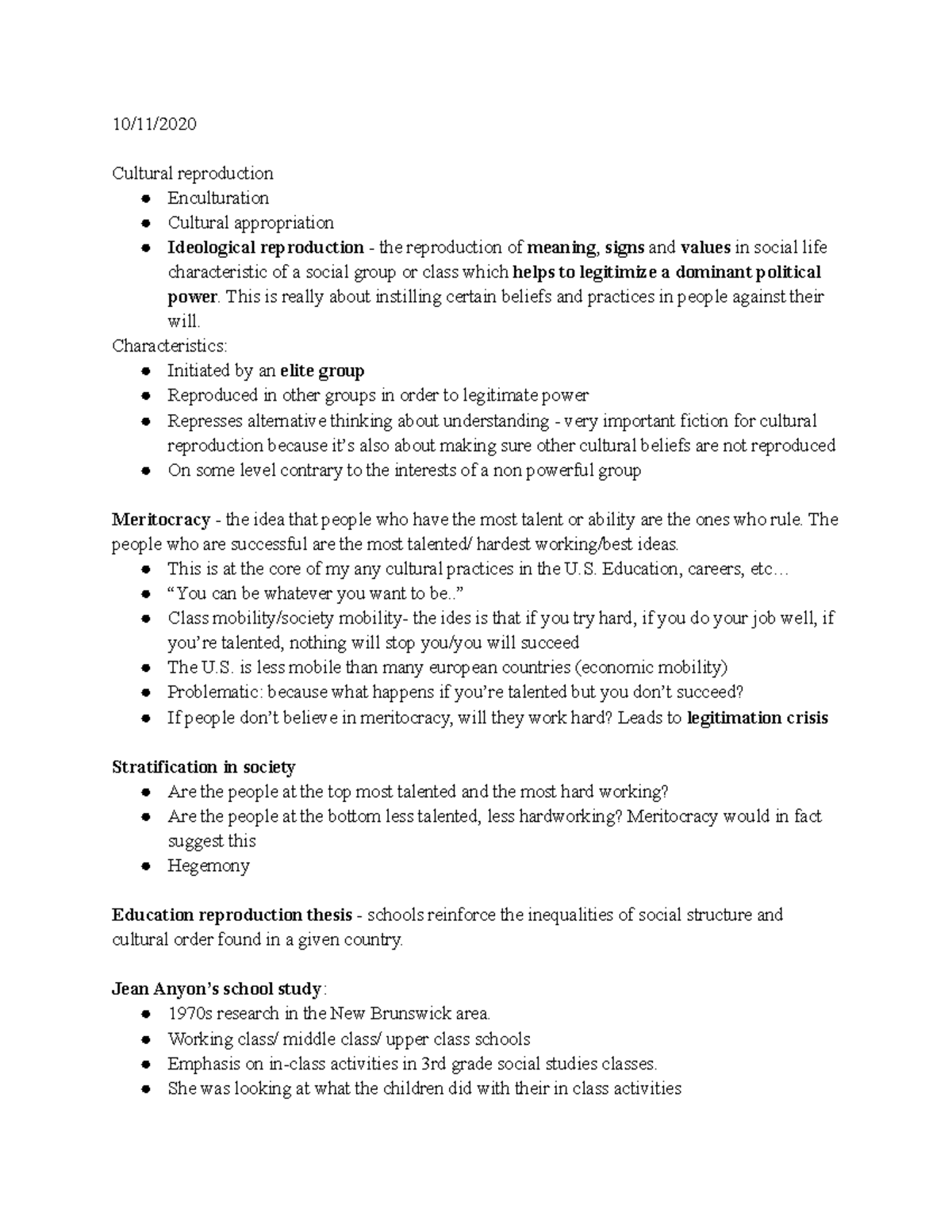 Anth 207 - week 8 - 10/11/ Cultural reproduction Enculturation Cultural ...