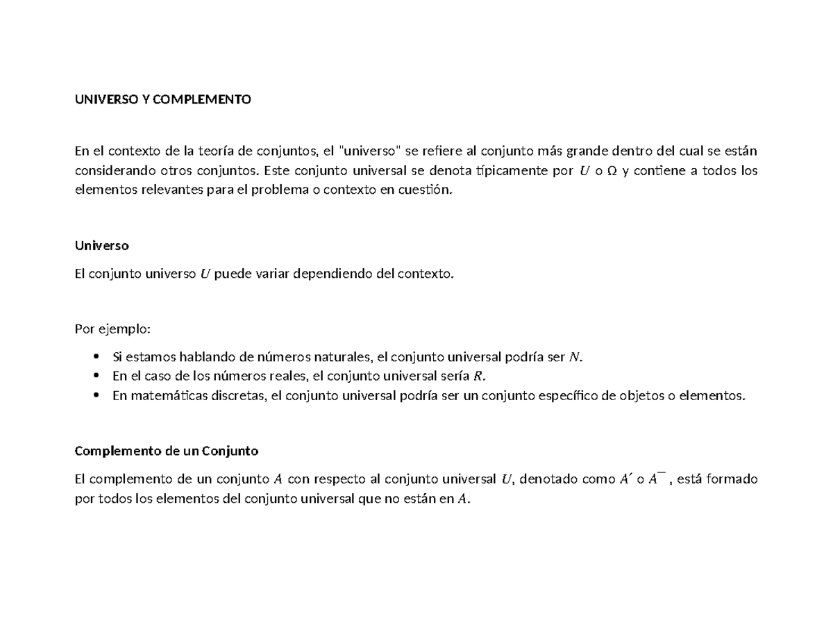 Universo Y Complemento - UNIVERSO Y COMPLEMENTO En el contexto de la ...