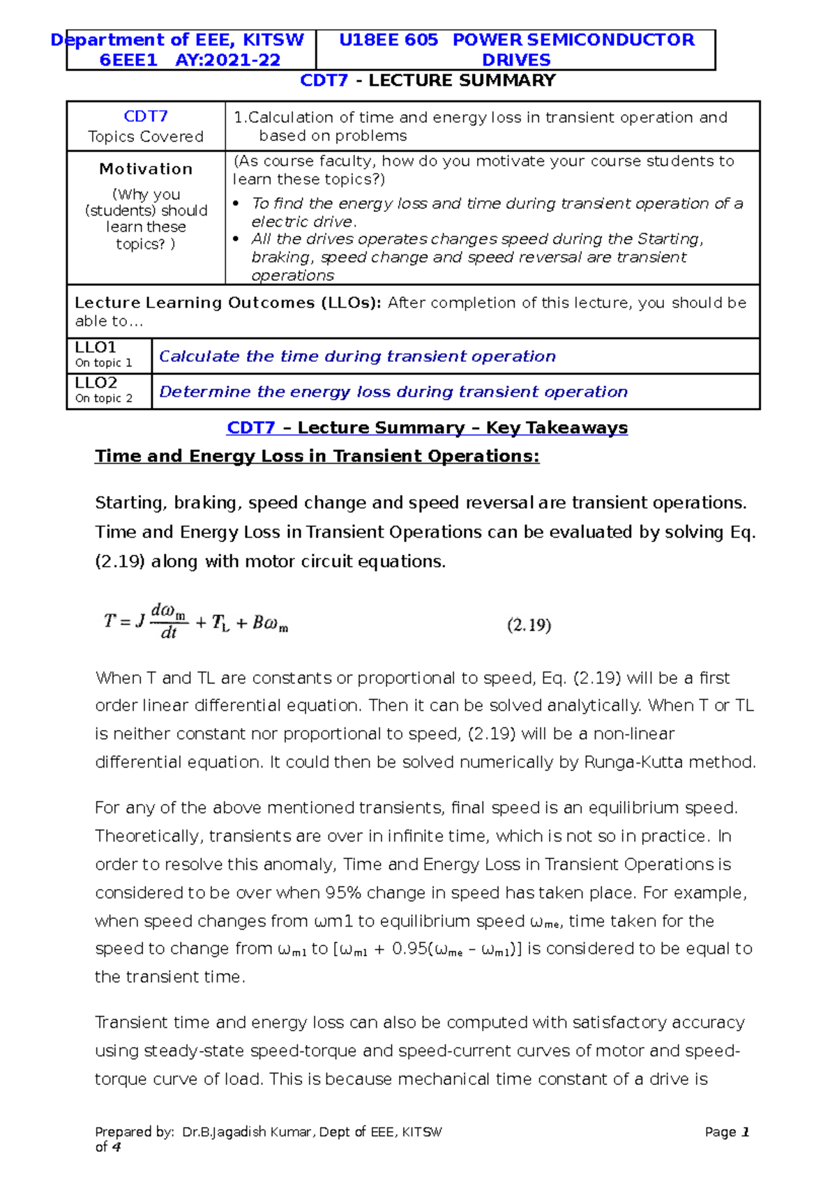 Calculation of time and energy loss in transient operation and based on ...