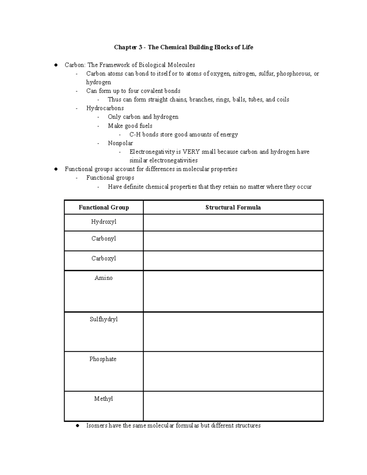 Chapter3TextbookNotes - Chapter 3 The Chemical Building Blocks of Life ...