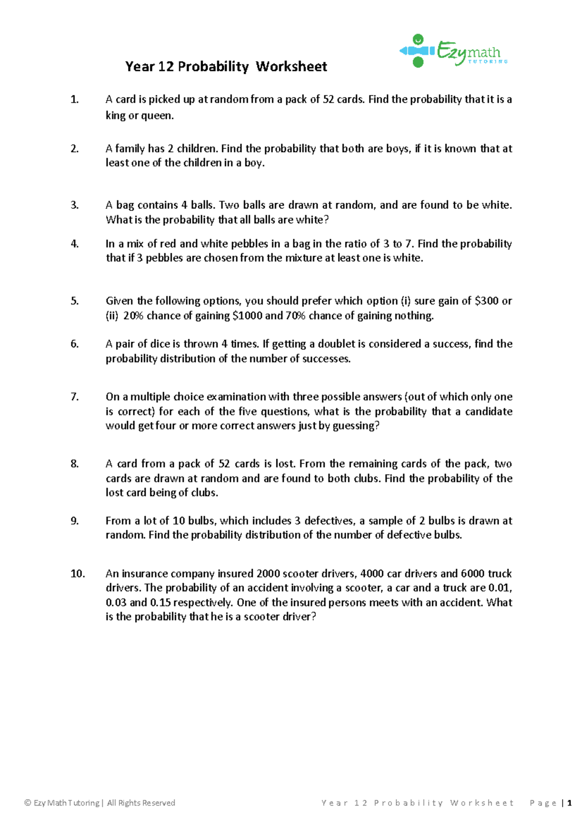 Year 12 Probability Worksheet - Year 12 Probability Worksheet © Ezy ...