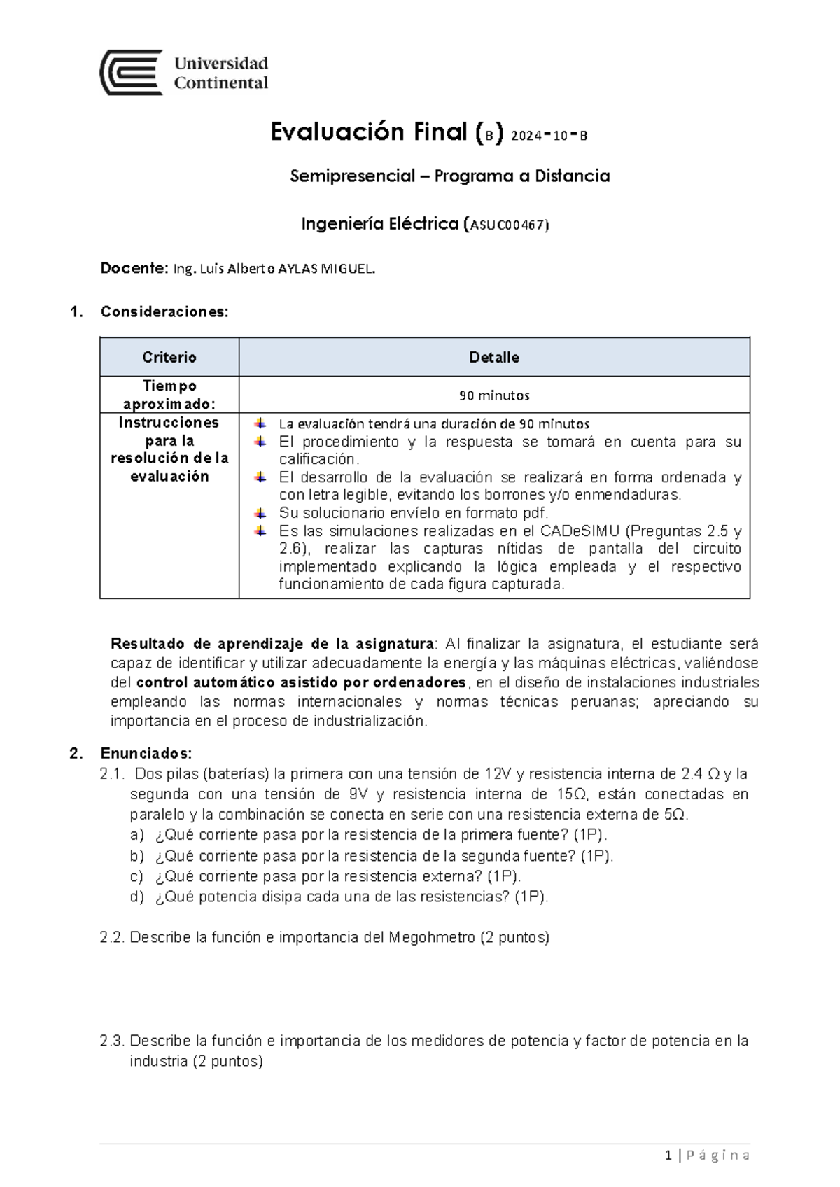 Evaluación final Ingeniería Eléctrica (1) - Evaluación Final (B) 2024 - 10 - B Semipresencial ...