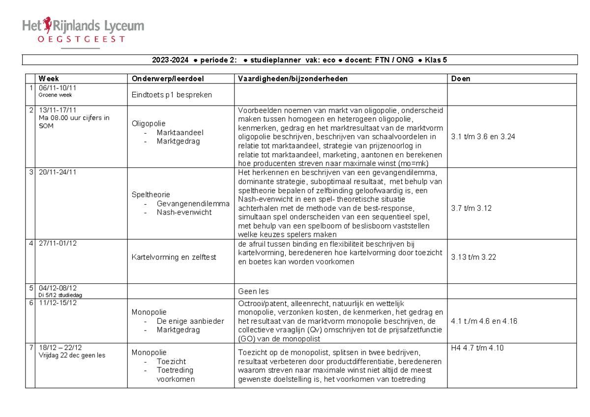 Studieplanner p2 v5.eco 2023-2024 - 2023-2024 periode 2: studieplanner vak: eco docent: FTN ...