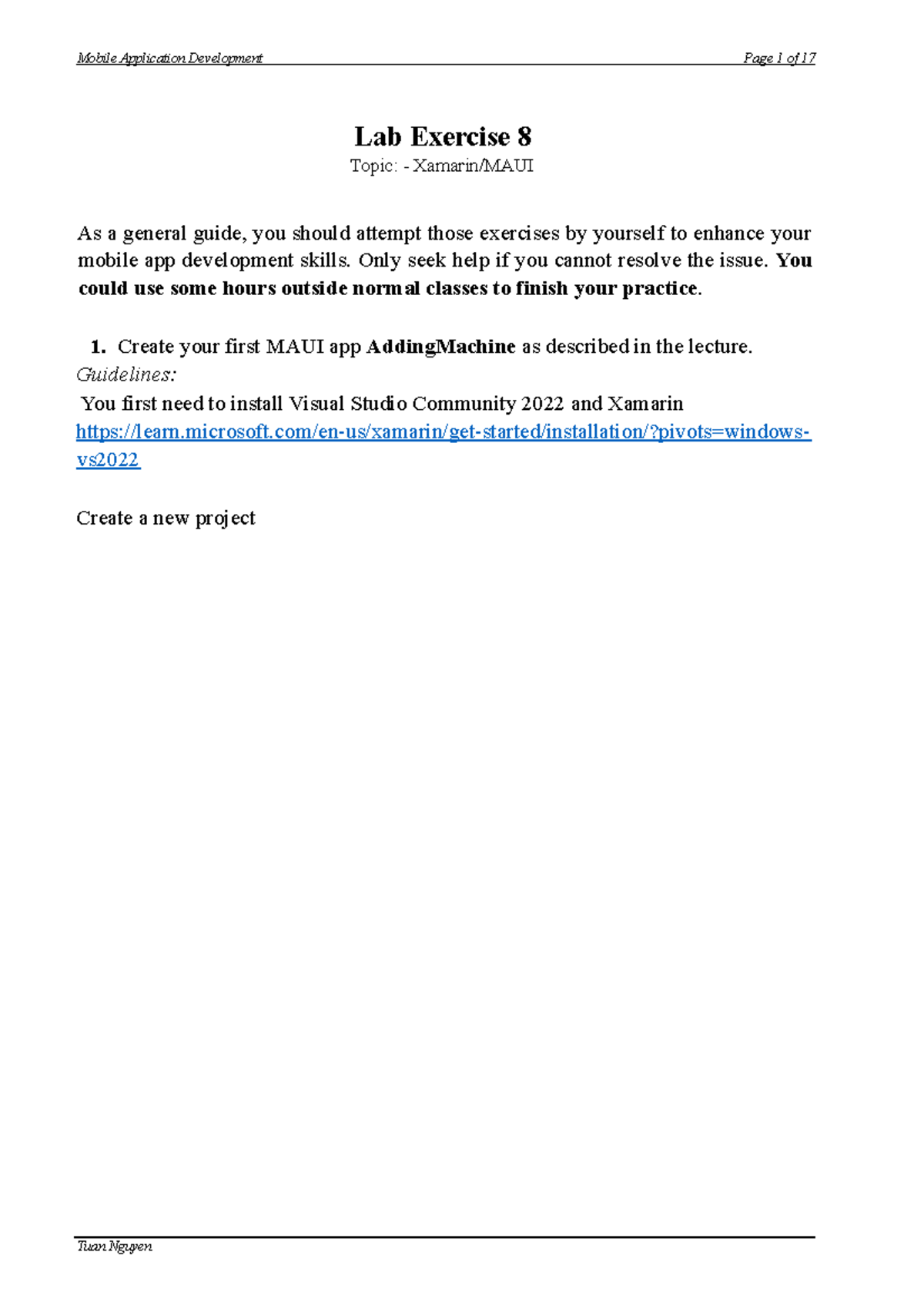 Lab8 - Xamarin - 4fé - Lab Exercise 8 Topic: - Xamarin/MAUI As a general guide, you should ...