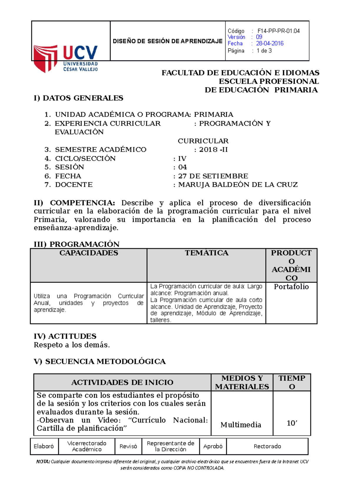 Sesión 4 - guia - DISEÑO DE SESIÓN DE APRENDIZAJE Código : F14-PP-PR-01. Versión : 09 Fecha : 28 ...