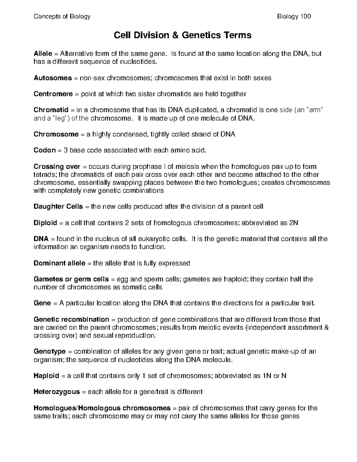 Cell Division & Genetics Terms - Concepts of Biology Biology 100 Cell ...