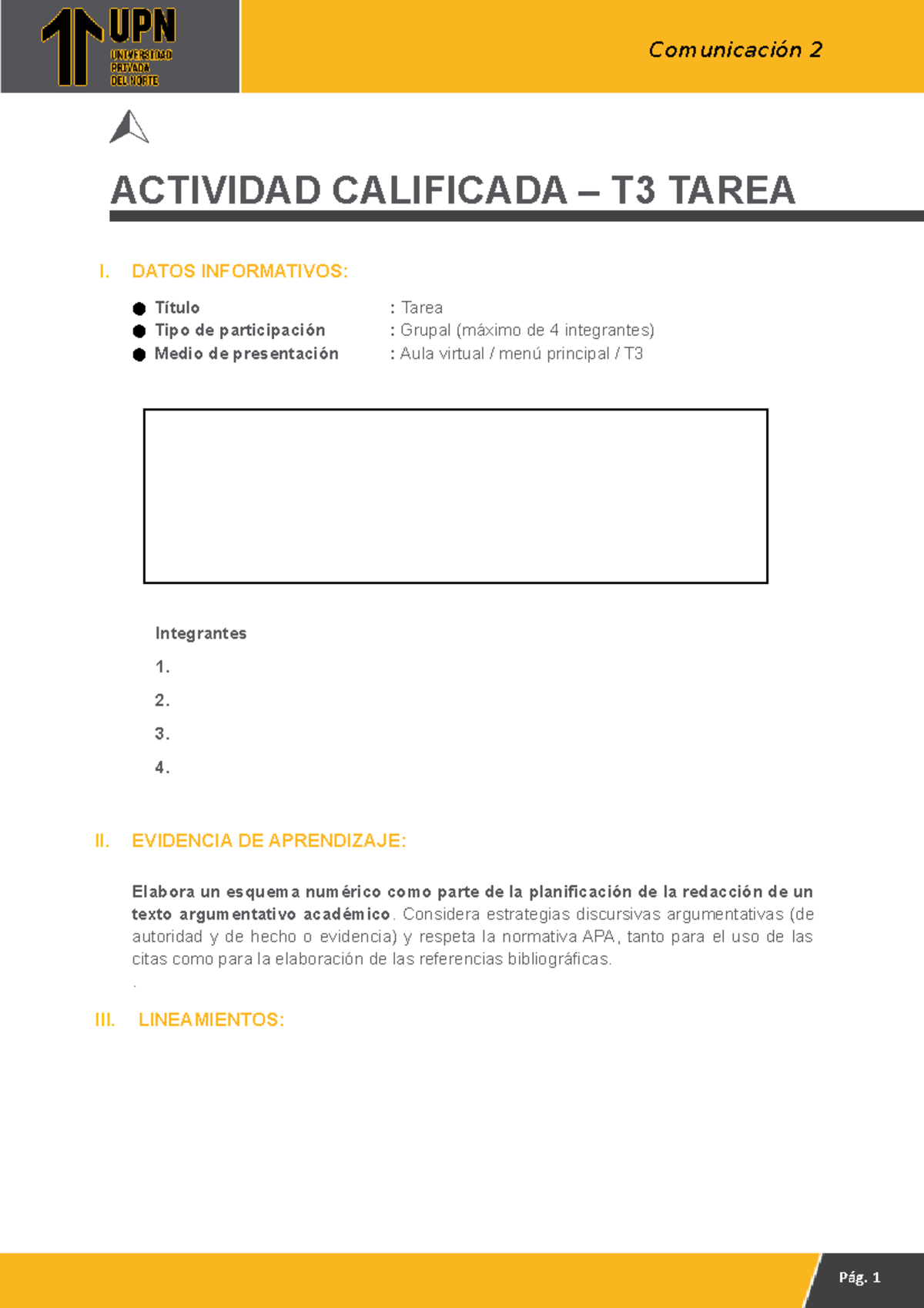 LENG - dsadad - ACTIVIDAD CALIFICADA – T3 TAREA I. DATOS INFORMATIVOS ...